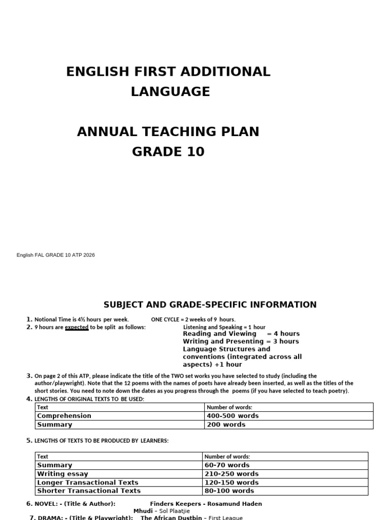 Grade 10 English FAL Annual Teaching Plan | PDF | Reading Comprehension ...