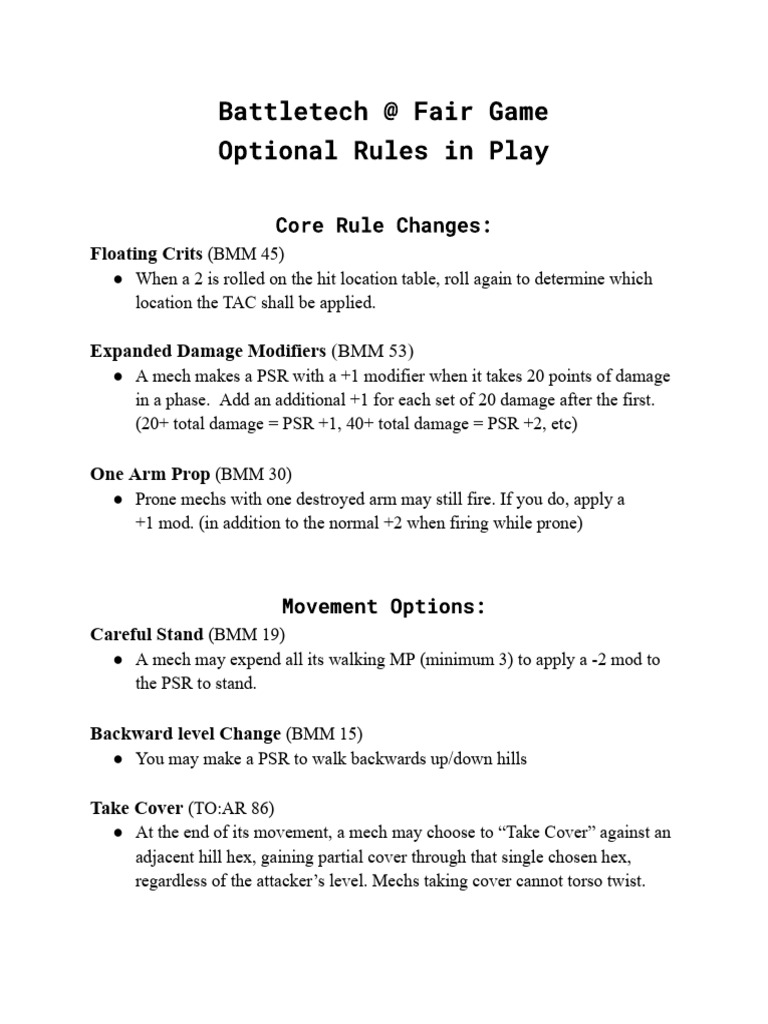 Fair Game Optional Rules in Play | PDF