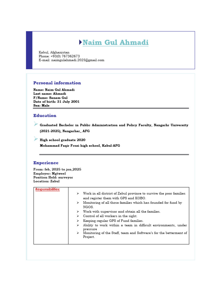 Naim Gul Ahmadi Ubdet CV | PDF | Communication