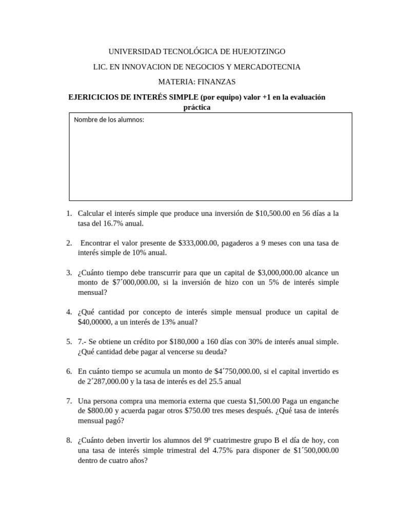 Ejericicios 1 Interés Simple | PDF | Interés | Tasas de interés