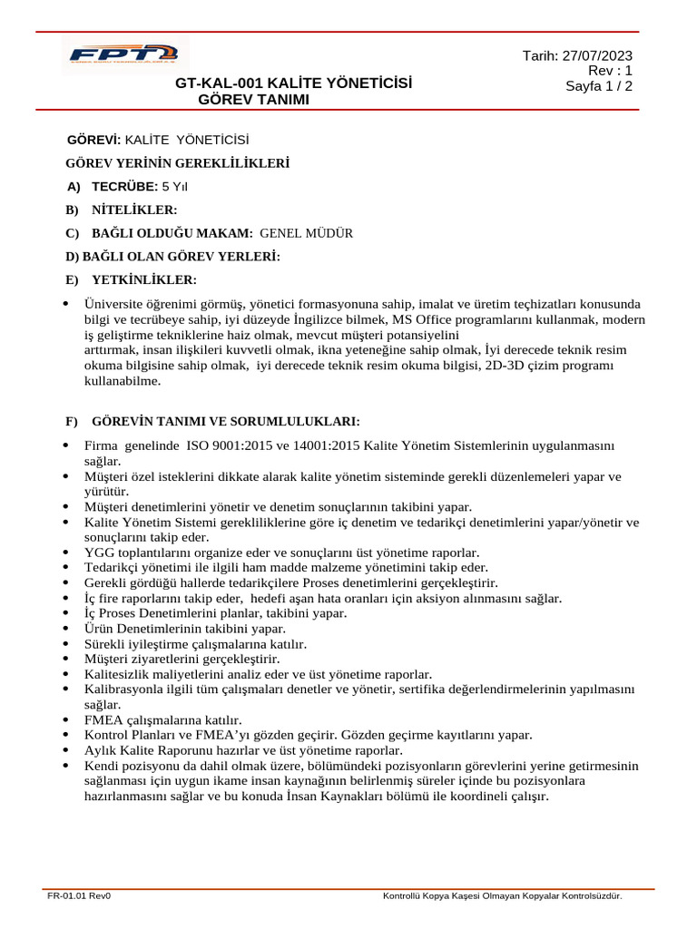 GT KAL 001 Kalite Yöneticisi | PDF