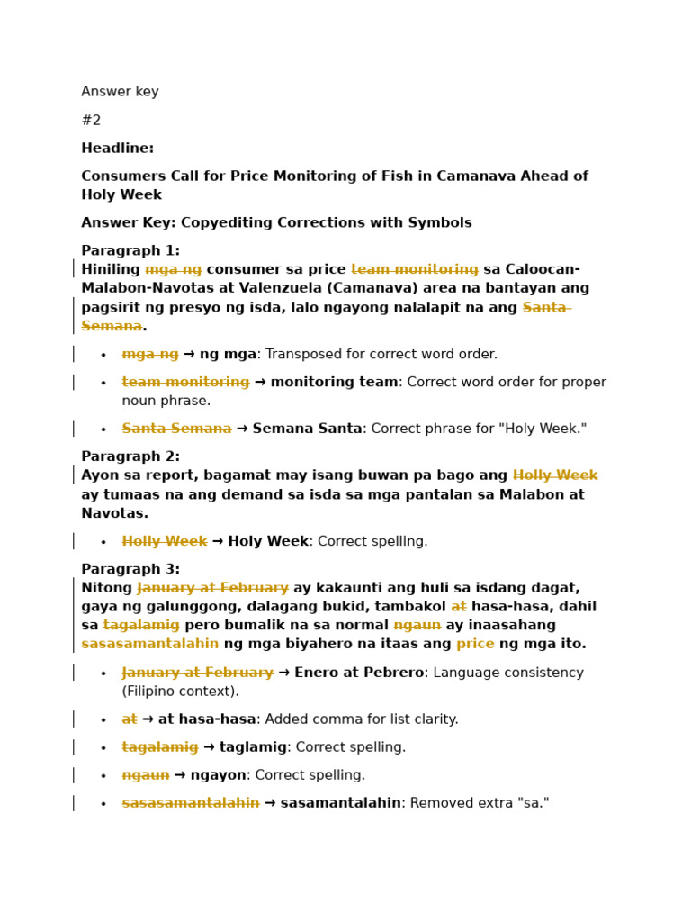 Filipino Copy Reading Answer Key | PDF