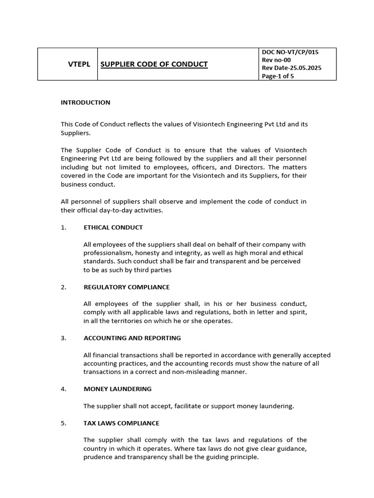 VTEPL Supplier Code of Conduct | PDF | Conflict Of Interest | Employment