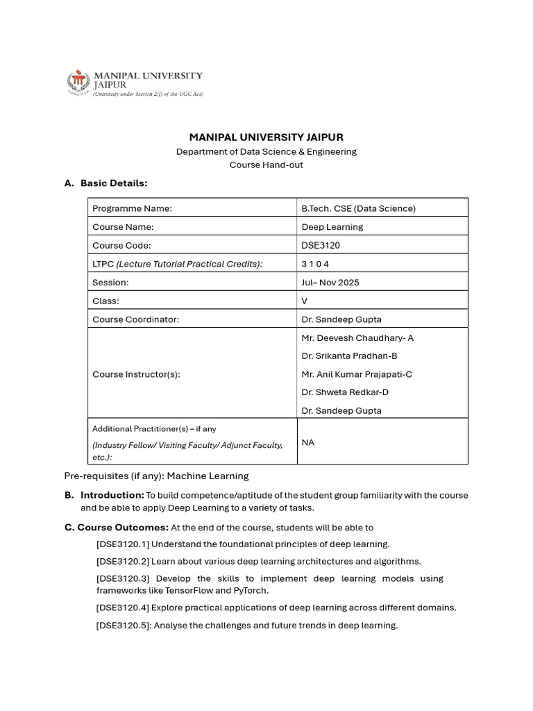 DSE3120 DeepLearning Course Handout July Nov 2025 | PDF | Deep Learning ...
