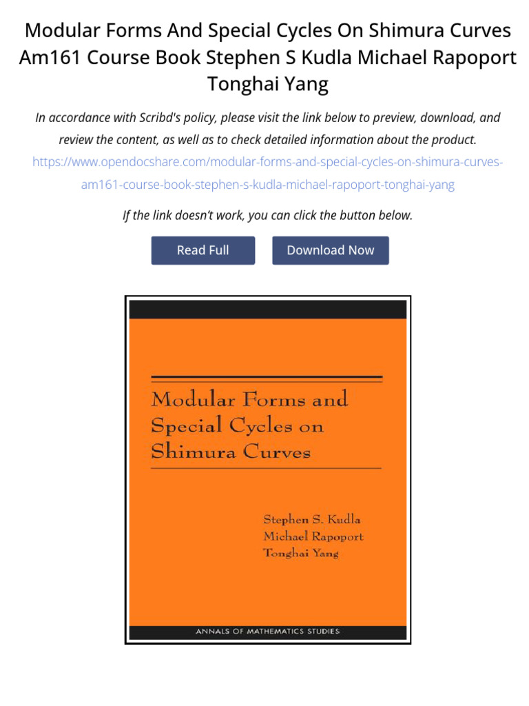 Modular Forms And Special Cycles On Shimura Curves Am161 Course Book Stephen S Kudla Michael ...