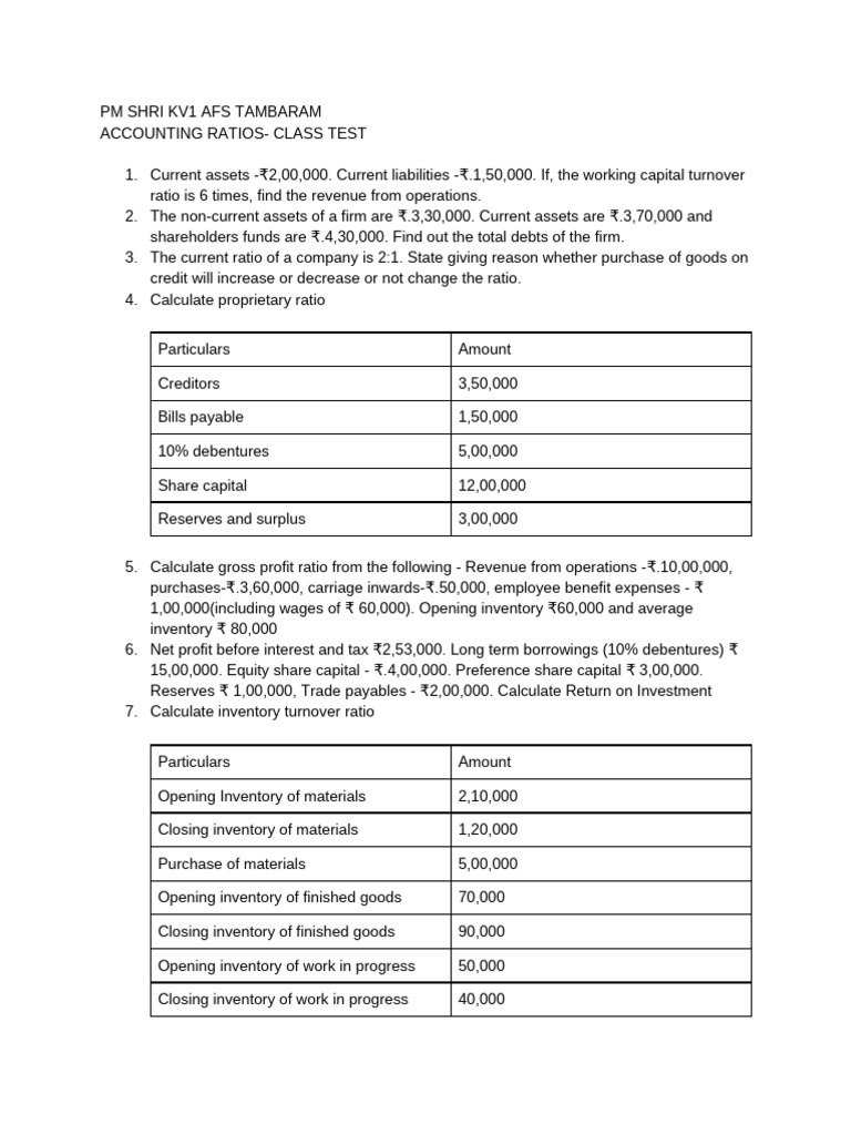 Accounting Ratios Class Test Guide | PDF