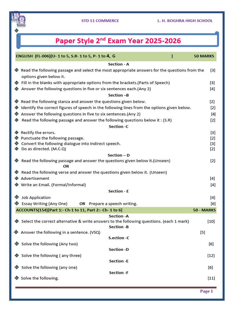 STD 11 Commerce Exam Paper Format | PDF | Language Mechanics | Grammar