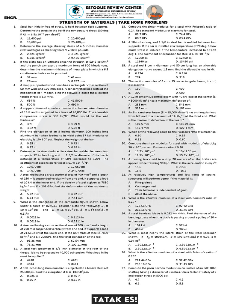 Strength of Materials Problem Set | PDF | Deformation (Engineering ...