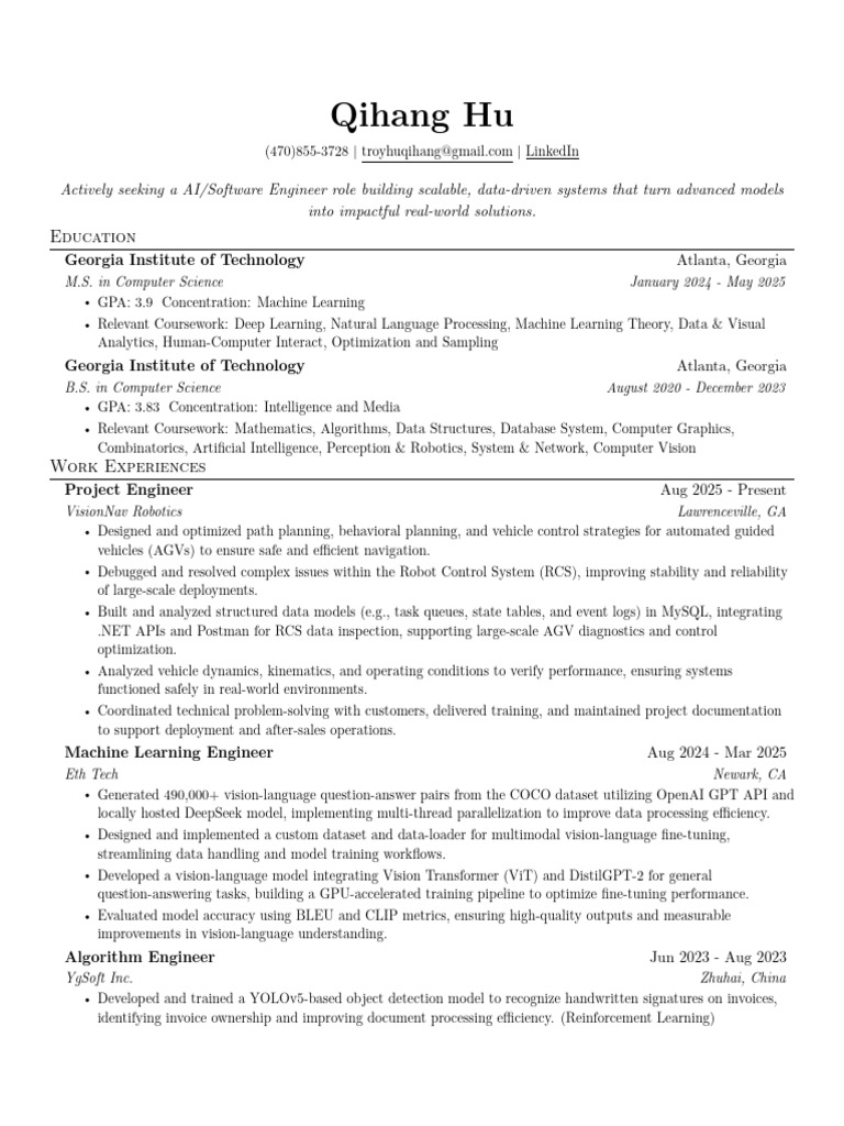 AI/Software Engineer Resume of Qihang Hu | PDF | Computer Vision ...