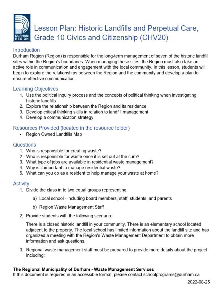 Durham Waste Management Lesson Plan | PDF | Landfill | Lesson Plan