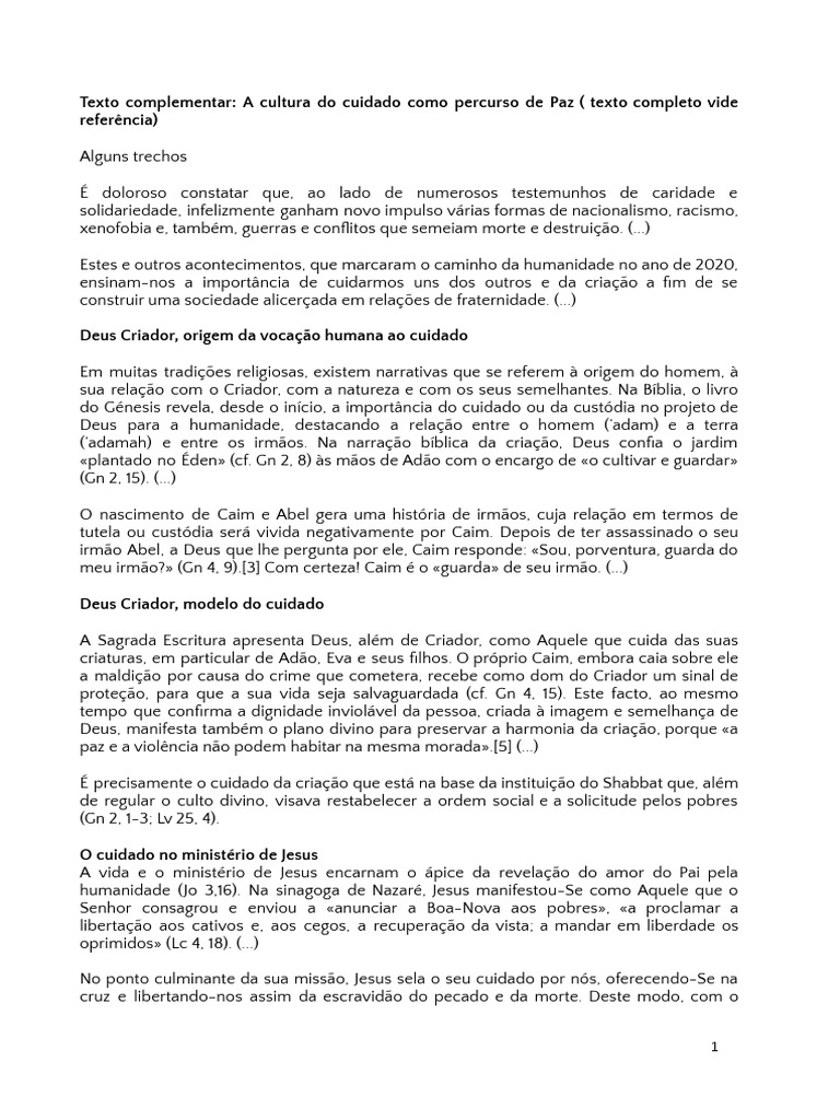 Texto OPCIONAL - A Cultura Do Cuidado Como Percurso de Paz ( Texto Completo Vide Referencia ...
