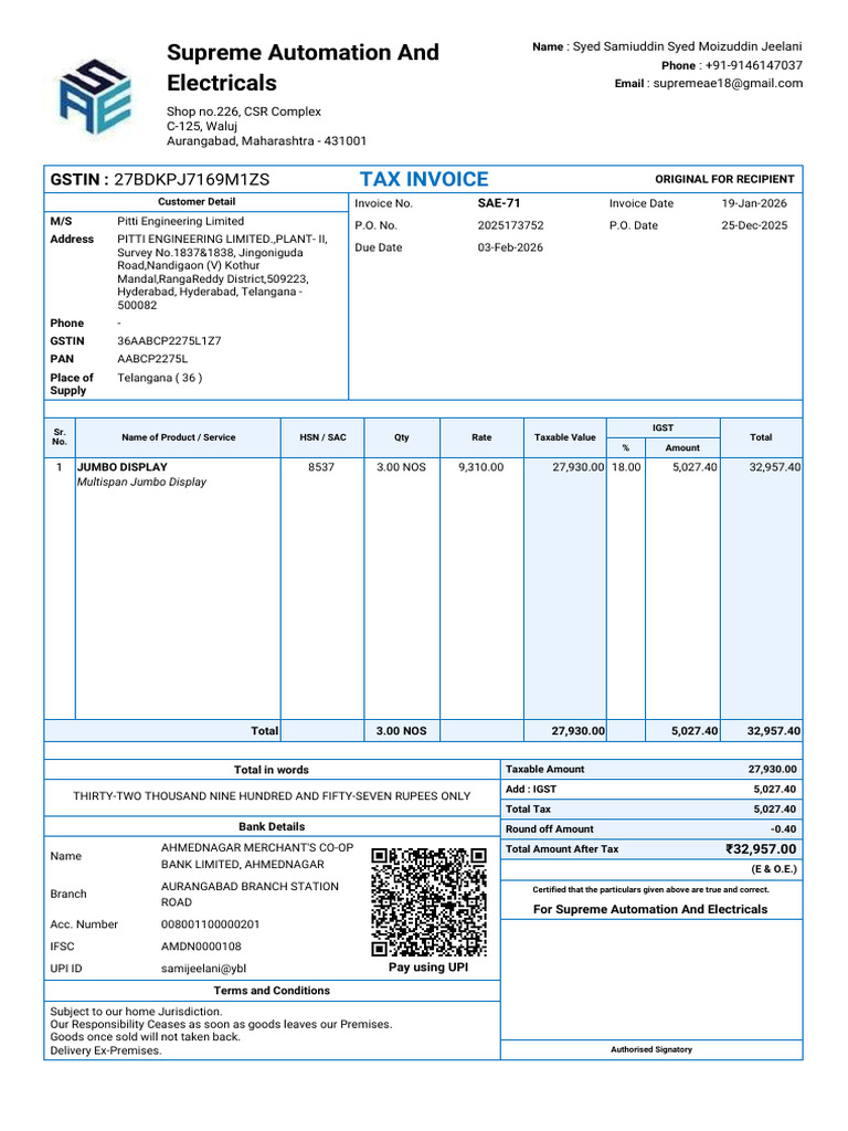 Invoice SAE 71 Pitti Engineering Limited Pitti Engineering Limited 11 ...