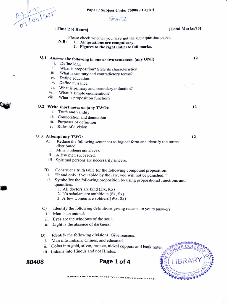 Sem 1 Logic Past Question Papers (1) | PDF