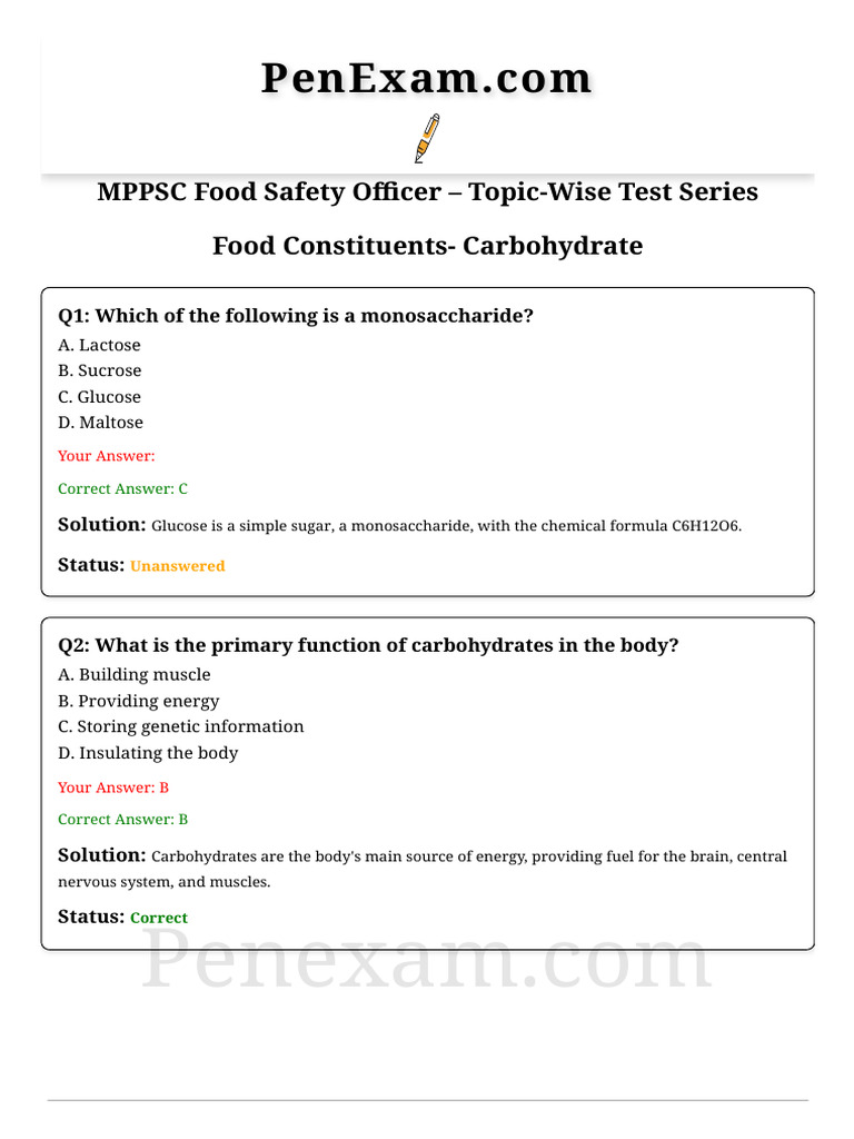 MPPSC Food Safety Officer: Carbohydrates Test | PDF | Carbohydrates ...