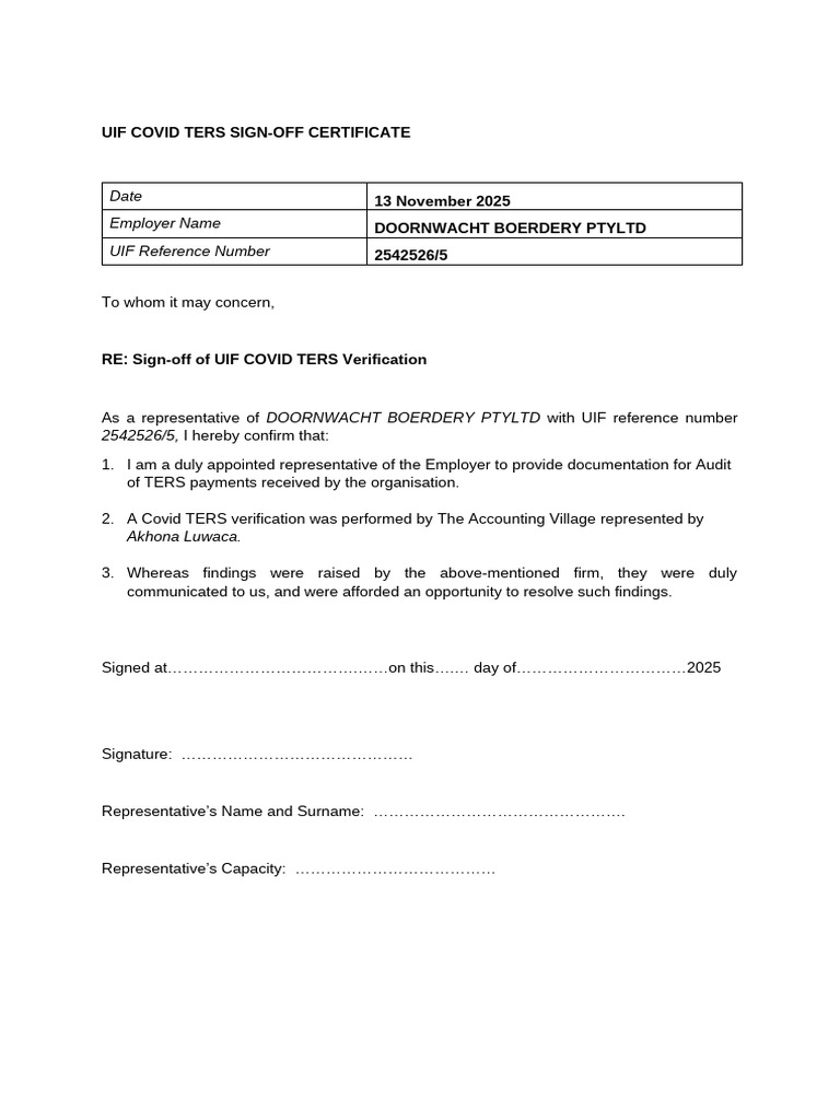 Verification Sign Off Certificate - DOORNWACHT BOERDERY PTYLTD | PDF