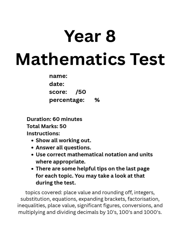 Year 8 Math Test | PDF | Multiplication | Factorization
