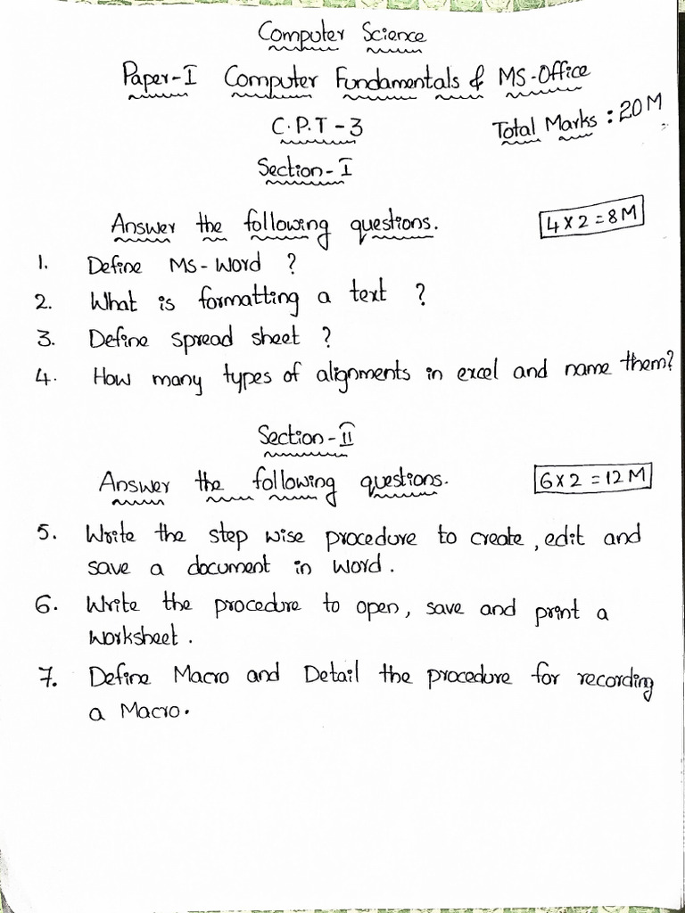 CS - Computer Fundamentals 1st Year Intermediate (CPT-3) Question Paper ...