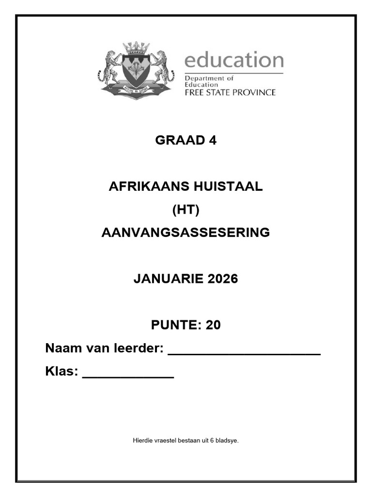 Afrikaans Home Language Grade 4 Basline Assessment Januarie 2026 | PDF