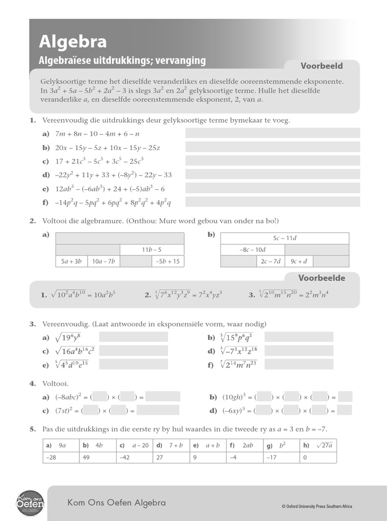 Graad 8 Wiskunde Kom Ons Oefen Algebra 2 Met OUP | PDF
