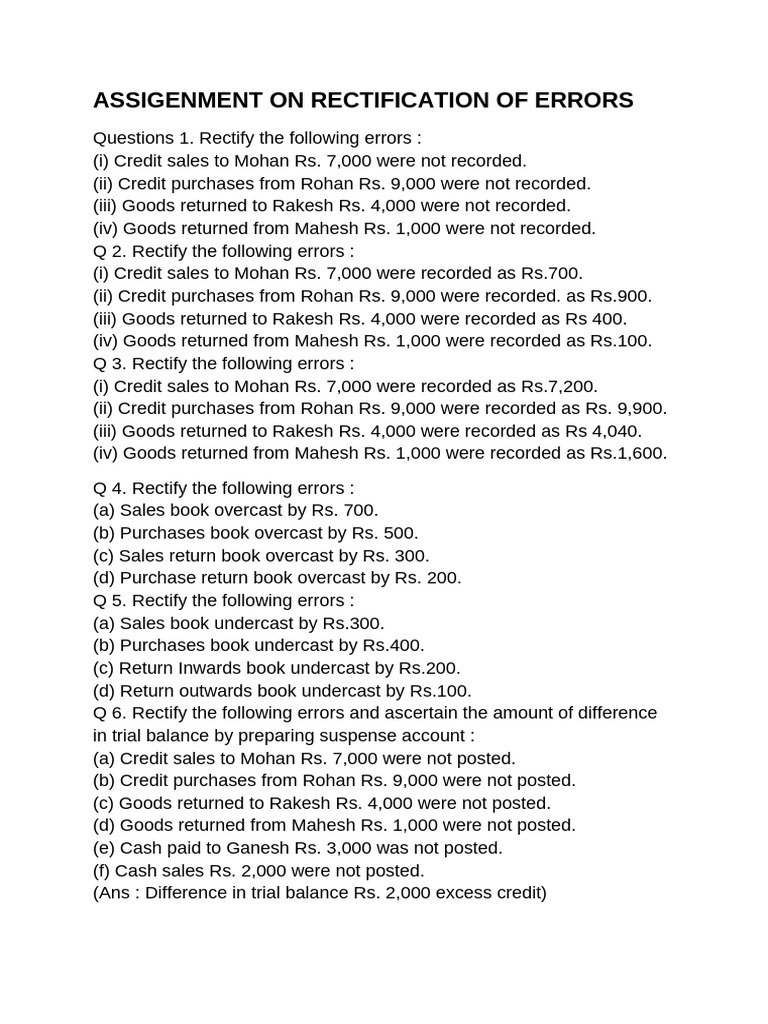 Assigenment On Rectification of Errors | PDF | Debits And Credits ...