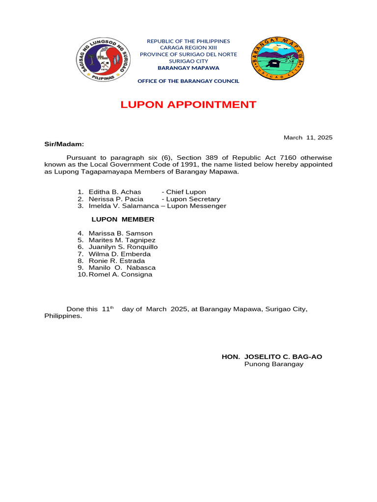 Appointment Lupon | PDF