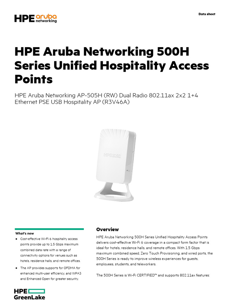 HPE Aruba 500H Series Hospitality APs | PDF | Wi Fi | Wireless Access Point