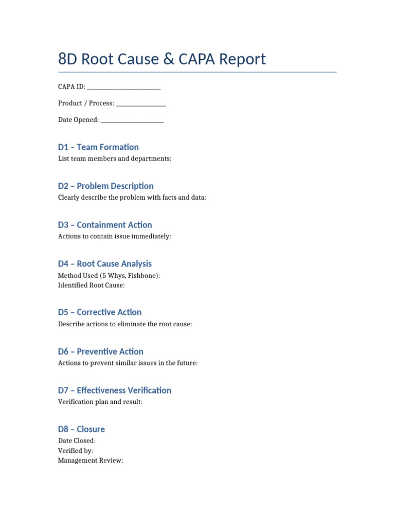 8D Root Cause CAPA Template | PDF