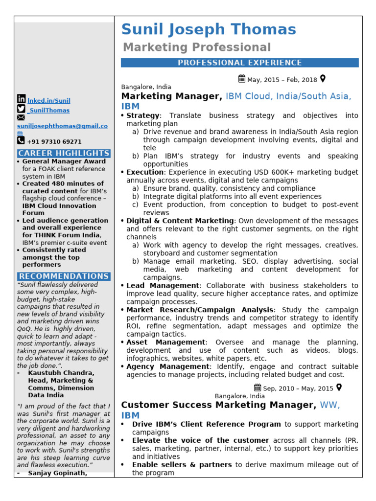 Sunil Joseph Thomas Resume 08032018 | PDF | Marketing | Brand
