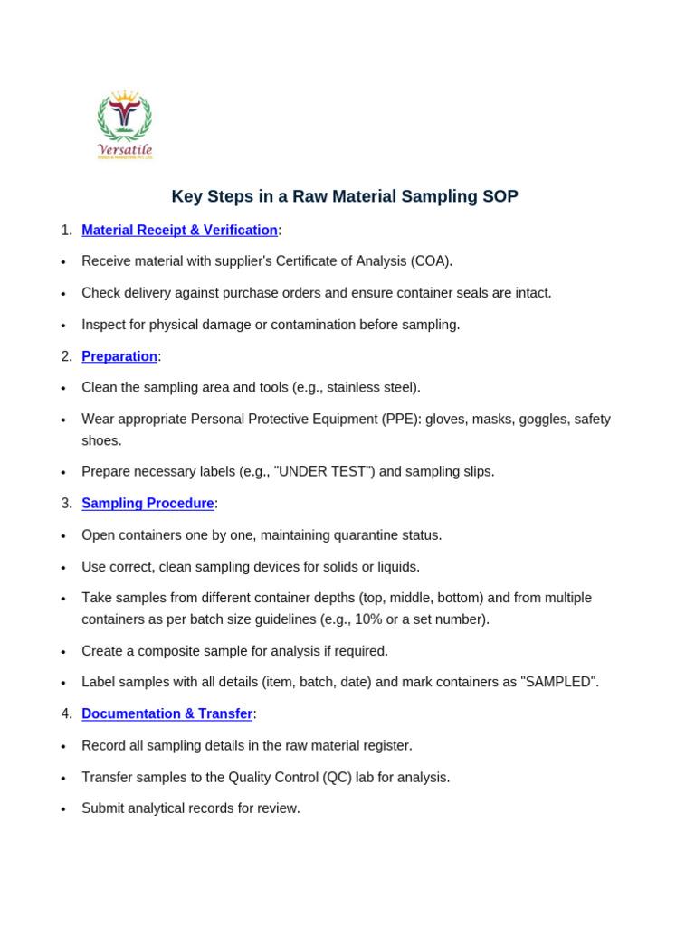 Raw Material Sampling SOP Steps | PDF