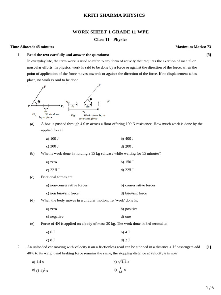 Grade 11 Physics Work Worksheet | PDF | Force | Kinetic Energy