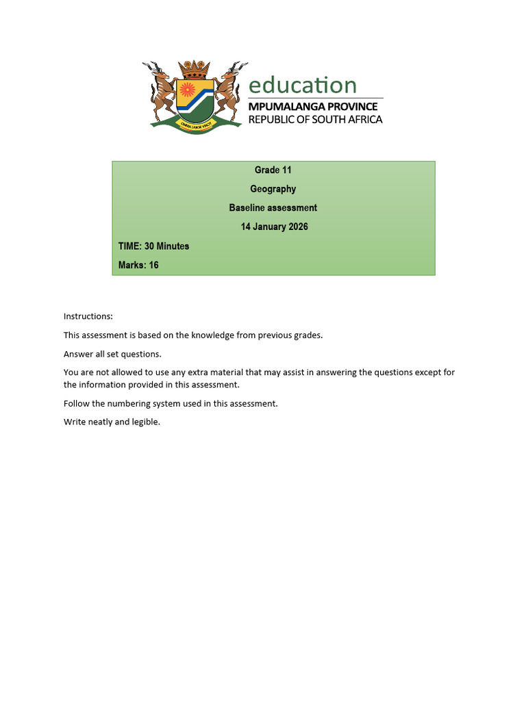 Grade 11 Geography Baseline Assesment 2026 | PDF | Physical Geography ...