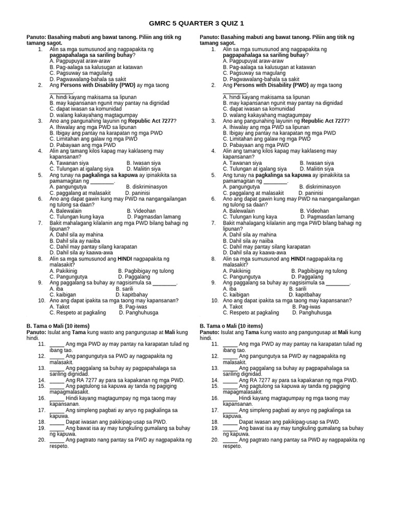 GMRC 5 Quarter 3 Quiz 1 | PDF