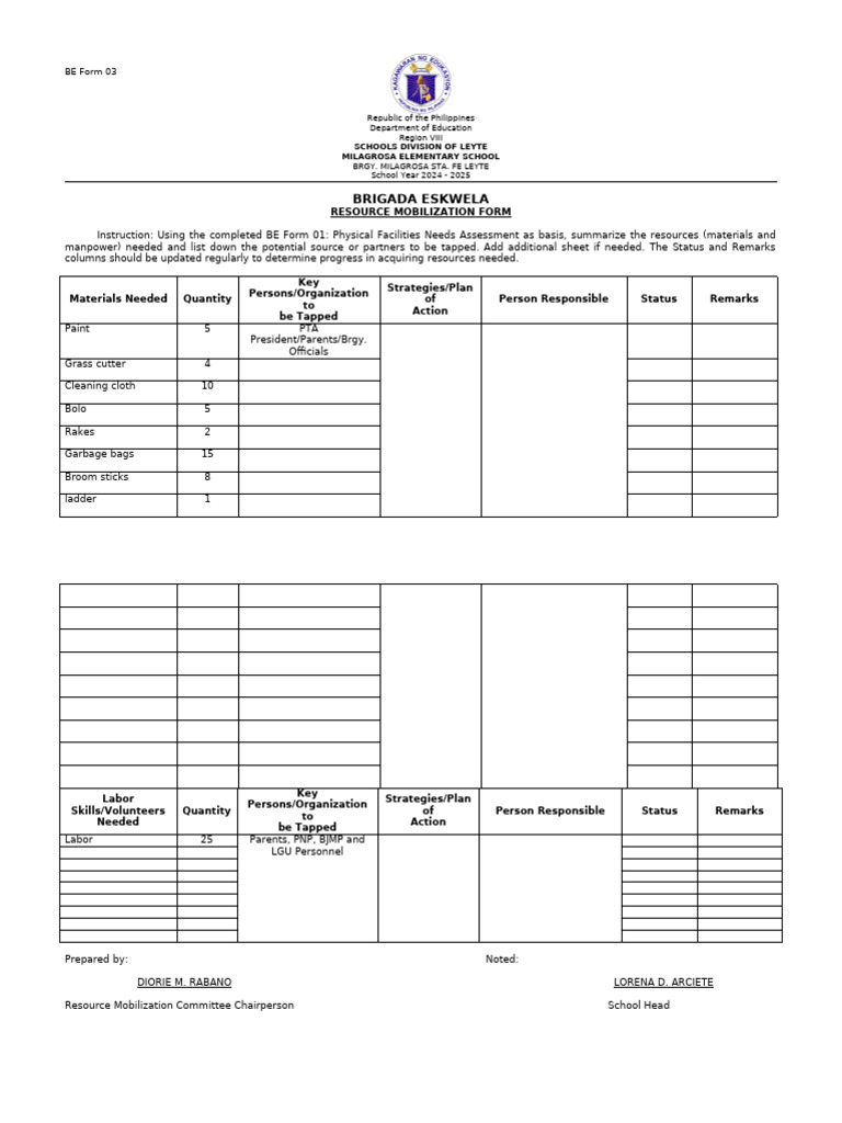 Brigada Eskwela Resource Form 2024-2025 | PDF