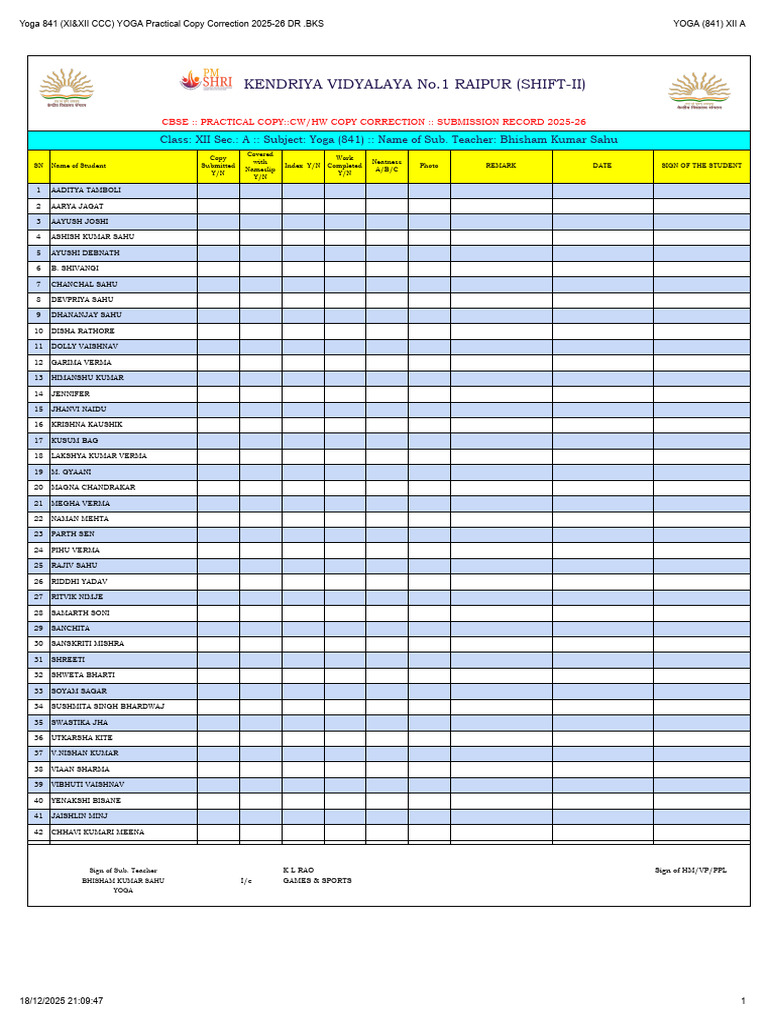 Yoga 841 XII CCC YOGA Practical Copy Correction 2025-26 DR .BKS ...