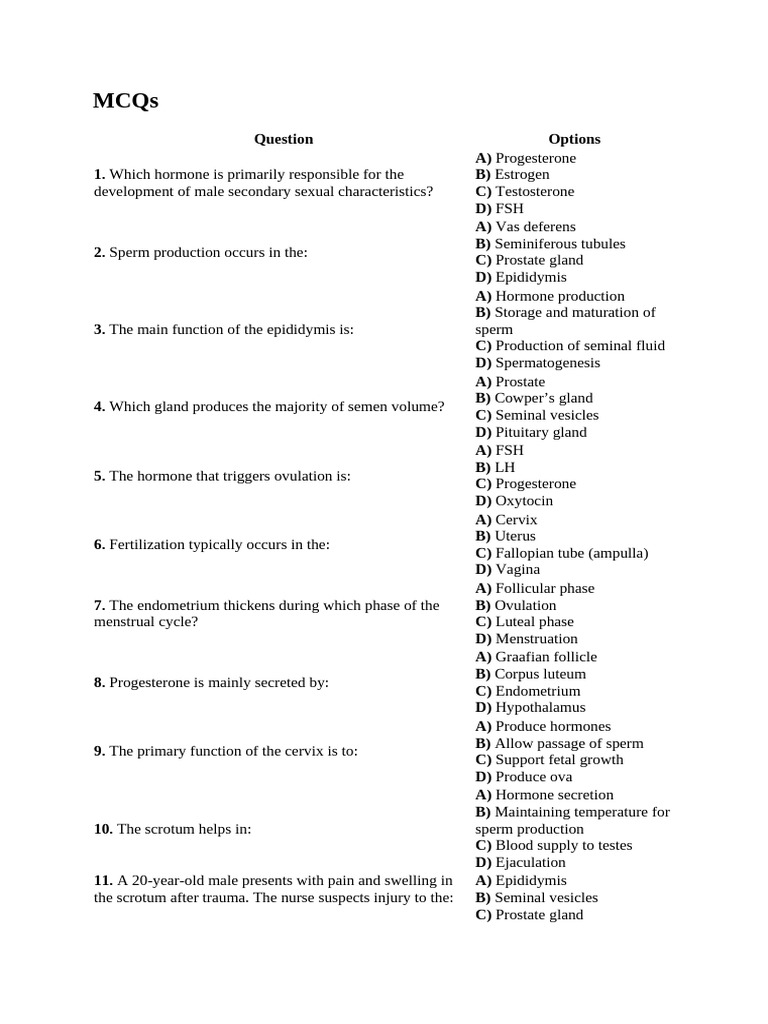 Male and Female Reproductive MCQs | PDF | Menstrual Cycle | Mammal ...