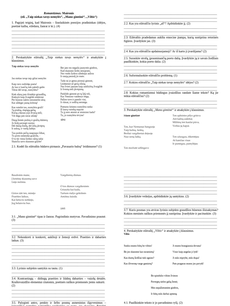 Romantizmas - Maironis. Teksto Suvokimas | PDF
