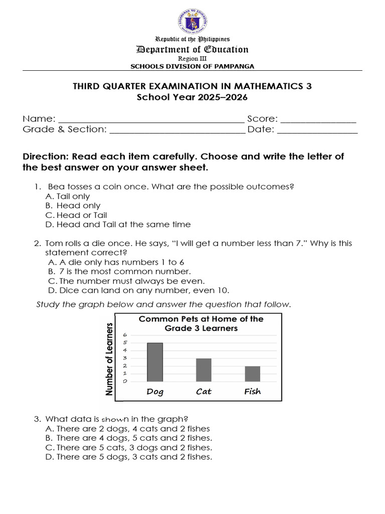 Pampanga Math 3 Third Quarter Exam | PDF | Chess Openings | Chess Theory