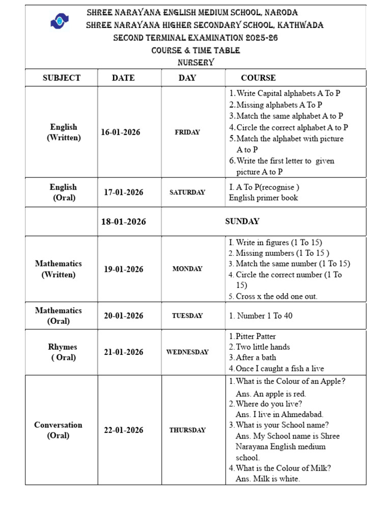 2 Term Course and Time Table Nursery 2025-26 | PDF