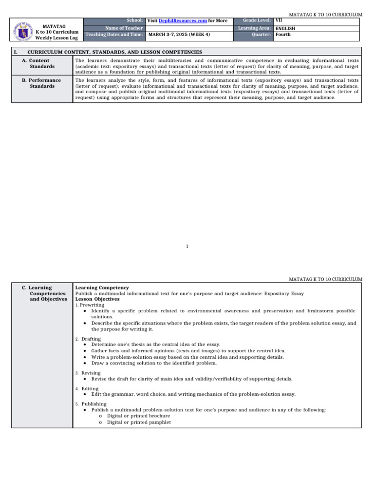 DLL Matatag - English 7 q4 w4 | PDF | Essays | Editing
