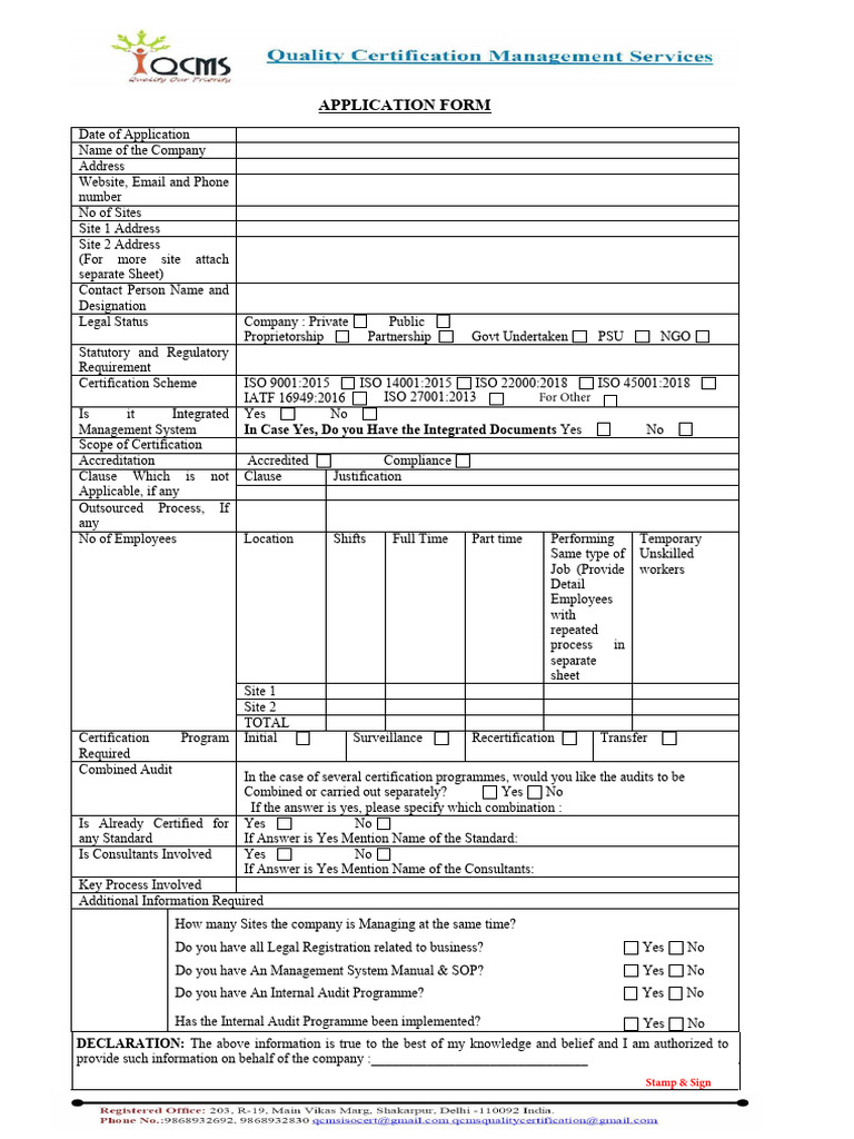 Certification Application Form Template | PDF | Certification | Audit