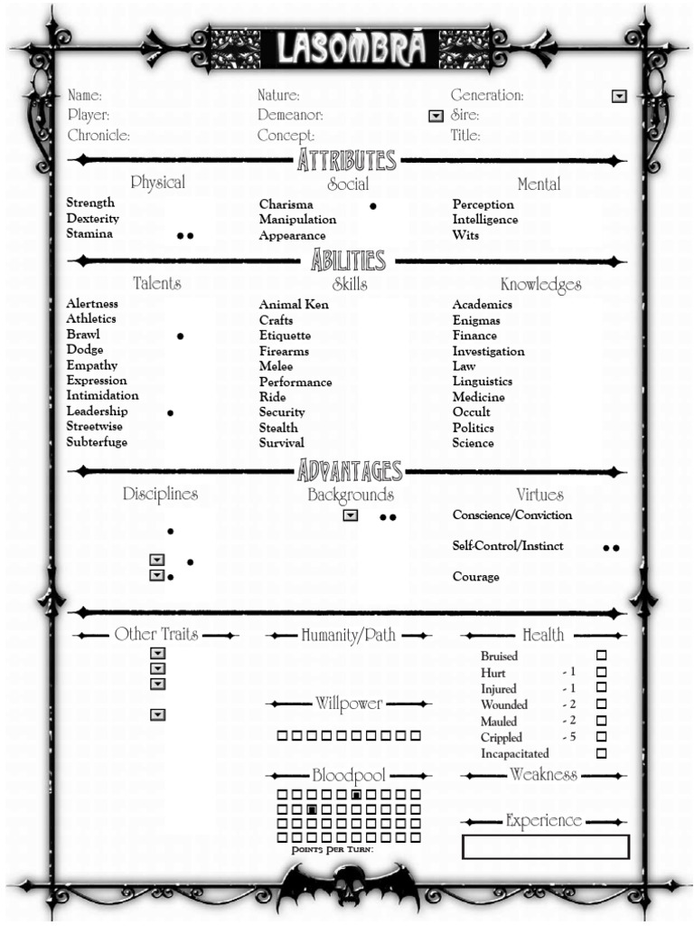 Vampire Character Sheet Template | PDF