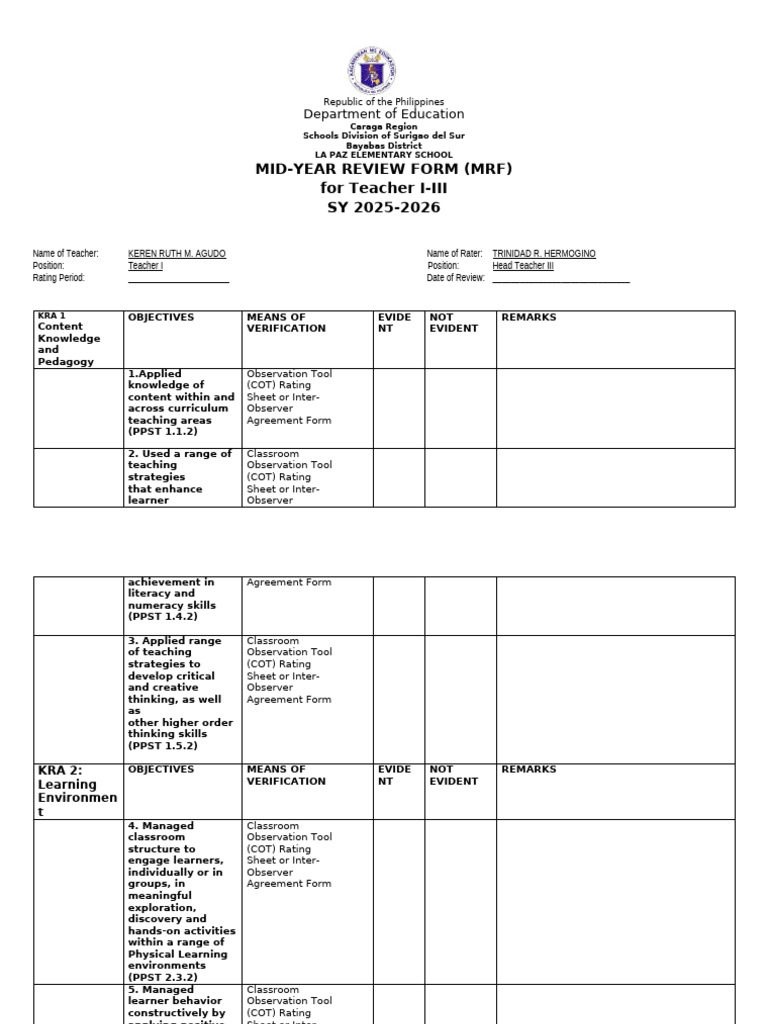 Mid-Year Review Form for Teachers 2025-2026 | PDF | Educational ...