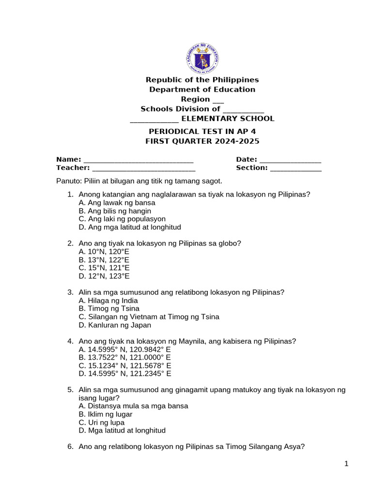 Q1 PT - AP 4 MATATAG | PDF