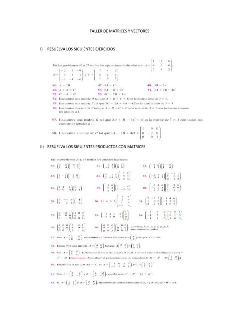 Taller de Matrices y Vectores--Algebra Lineal | PDF