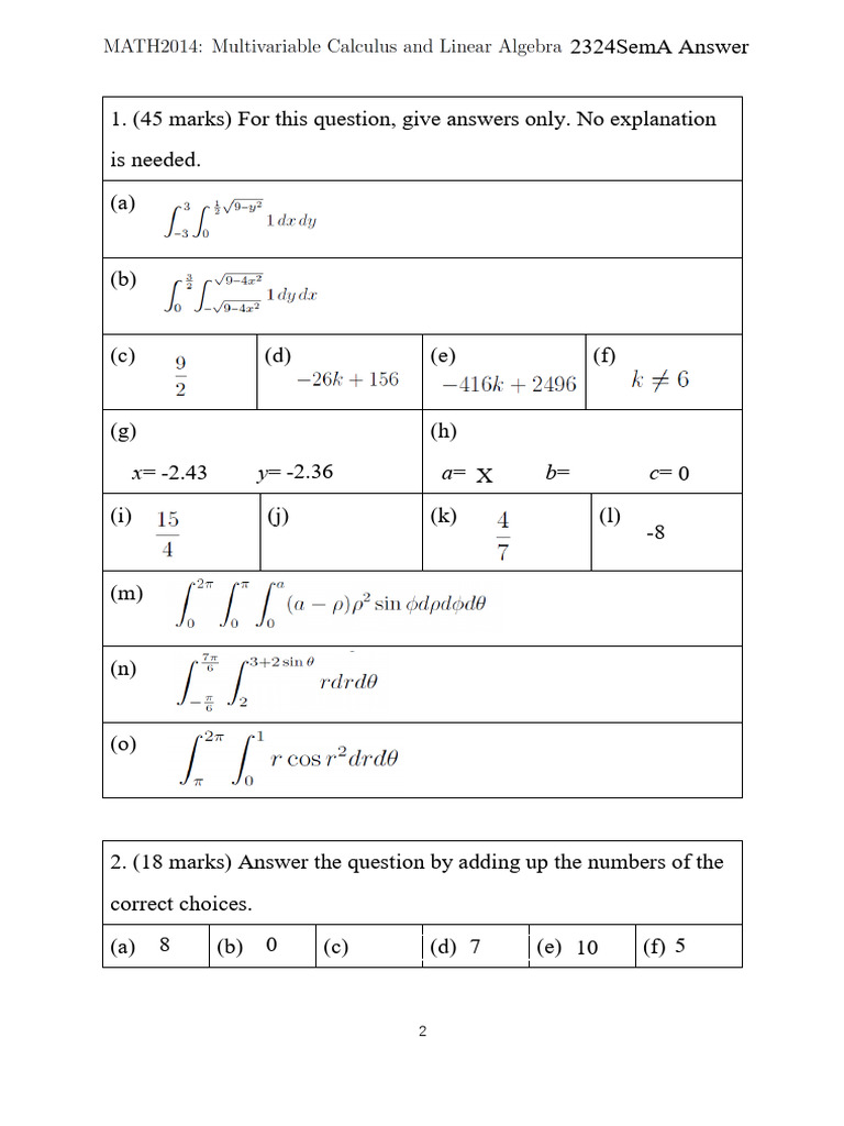 Exam Answer Key and Calculations | PDF