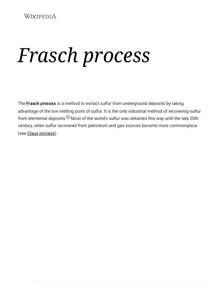 Frasch process - Wikipedia | PDF | Sulfur