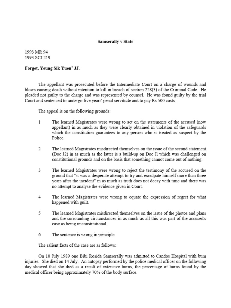 Samserally v State 1993 MR 94 | PDF | Miranda Warning | Confession (Law)