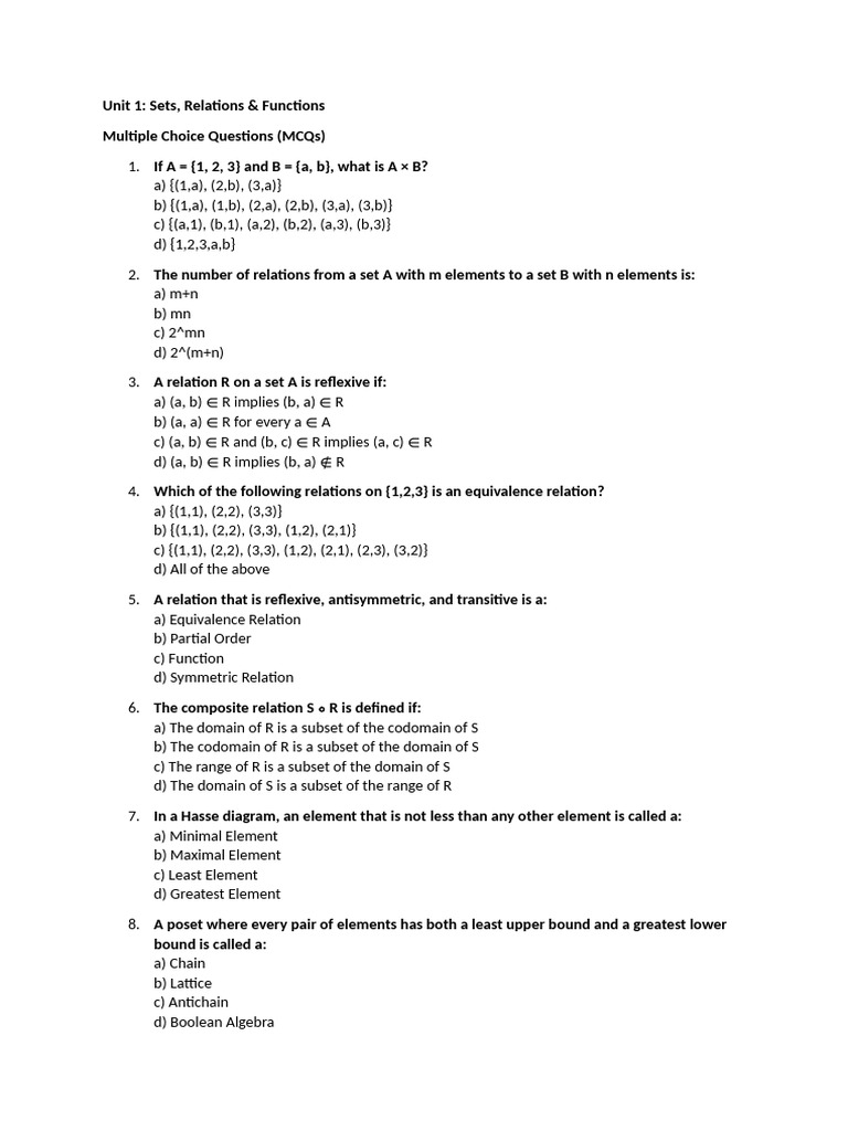 Unit 1 2 3 objective questions | PDF | Set (Mathematics) | Mathematical ...