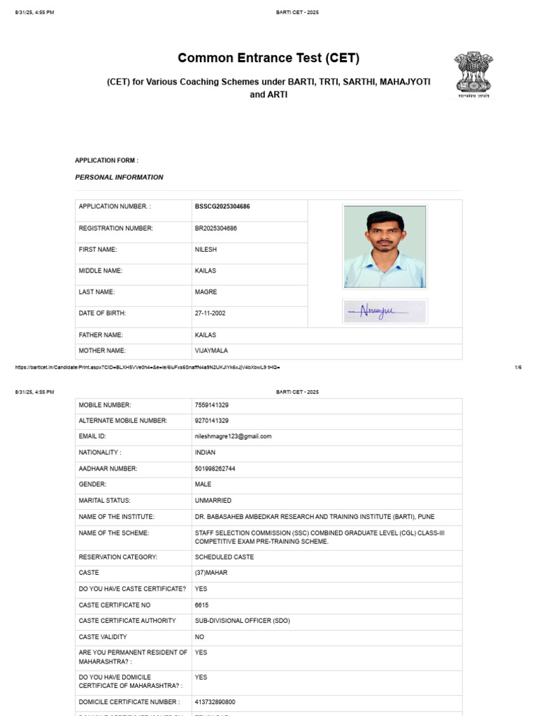 BARTI CET 2025 Application Details | PDF | Student Assessment And ...