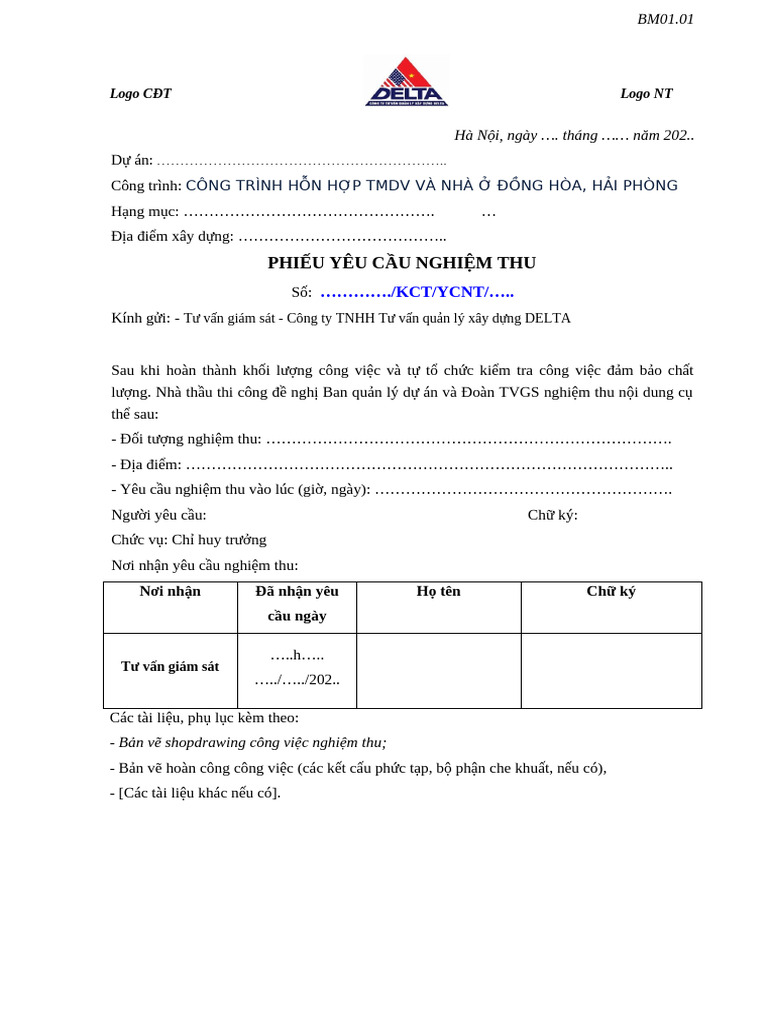 1. Phieu YCNT Công Việc XD (Không Dùng Thầu Phụ) | PDF